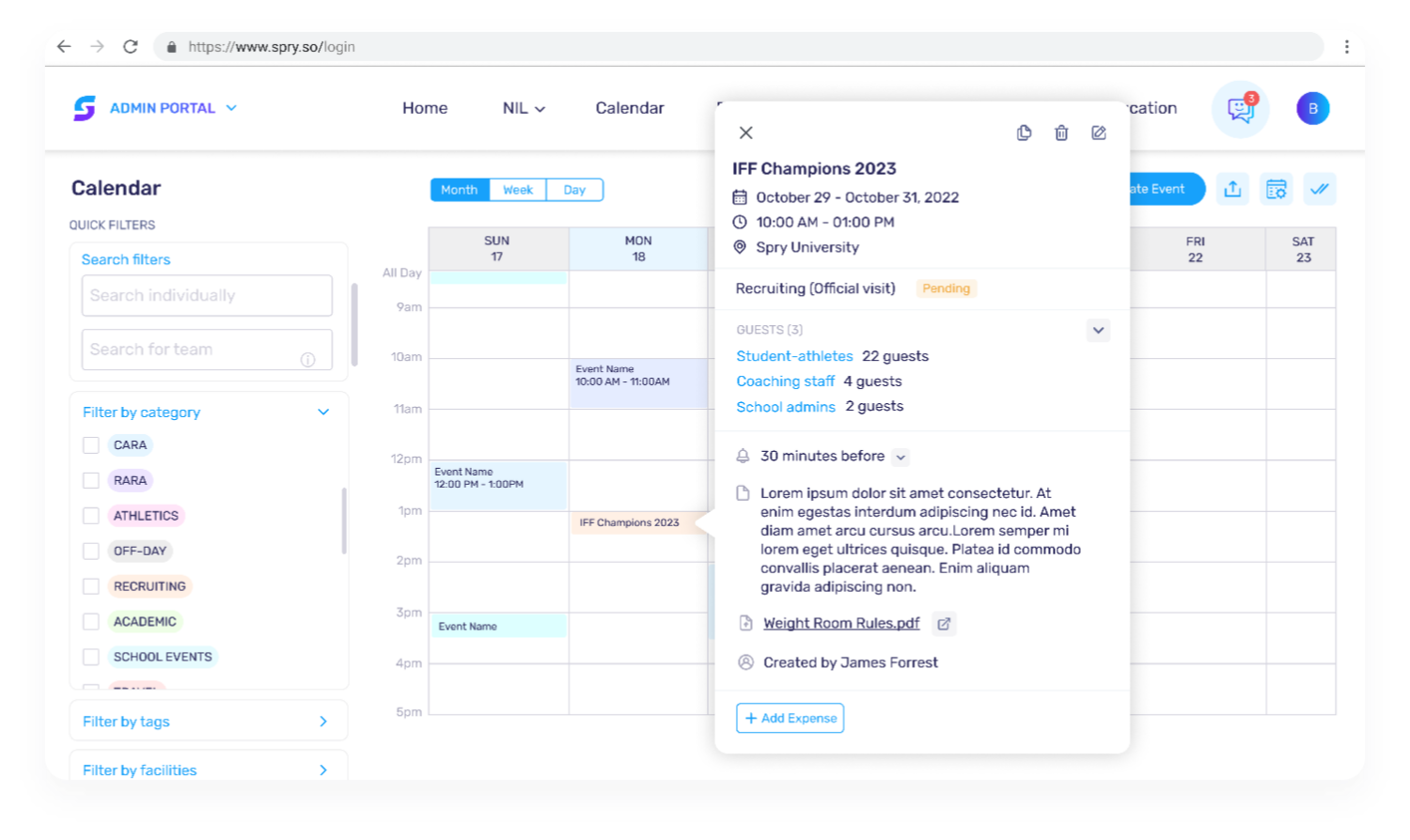 Spry Calendar - Manage Athletic and Academic Schedules